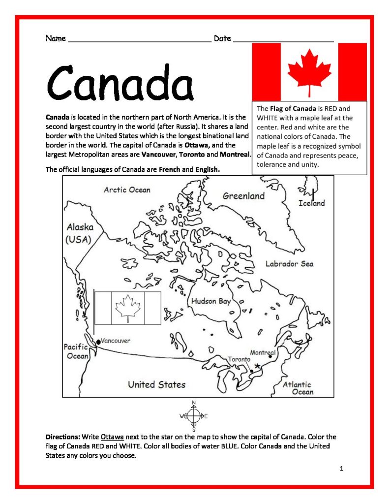 Interactive Printables | Canada Printable Worksheet with Map and Flag